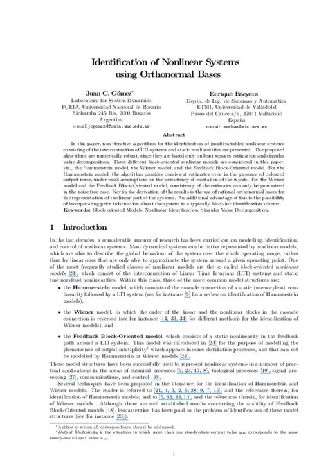 Pdf Identiflcation Of Nonlinear Systems Using Orthonormal Bases