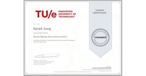 sarah jung on linkedin completion certificate for process mining data science in action