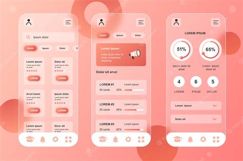모바일 앱 Ui Ux Gui 화면 세트를위한 온라인 학습 글라스 모픽 디자인 뉴 모픽 요소 키트 프리미엄 벡터