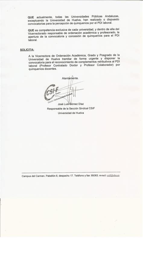 CSI CSIF Sección Sindical Universidad de Huelva Solicitud Convocatoria Reconocimiento