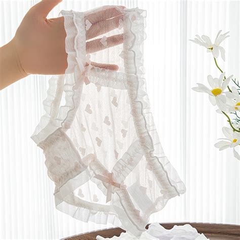 กางเกงชั้นในสไตล์ญี่ปุ่น ลูกไม้สาวเซ็กซี่ หวาน กระเป๋าหัวใจ เอวกลาง เป้าผ้าฝ้ายแท้ กางเกงใน