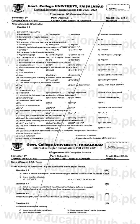 Theory Of Automata Bscs Gcuf Past Paper Fall 2023 Education Hub