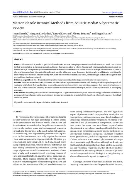 Pdf Metronidazole Removal Methods From Aquatic Media A Systematic Review