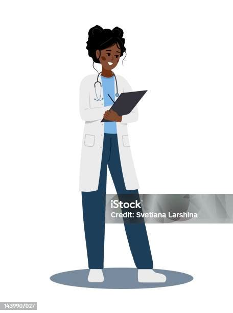 의료 처방전을 쓰는 여성 의사 환자를 위한 레시피가 있는 클립보드를 들고 있는 제복을 입은 아프리카 치료사 의료 치료 및 약국 개념 만화 스타일의 벡터 그림 의사에 대한