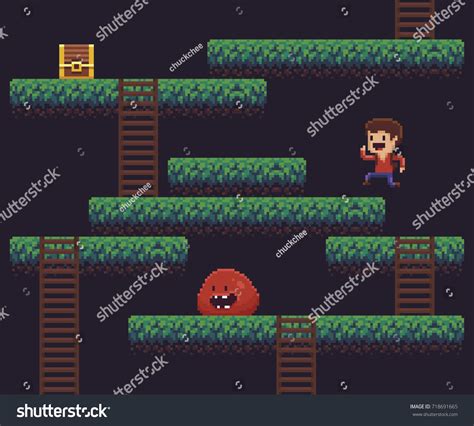 Pixel Art Game Scene Grass Platforms Stock Vector Royalty Free