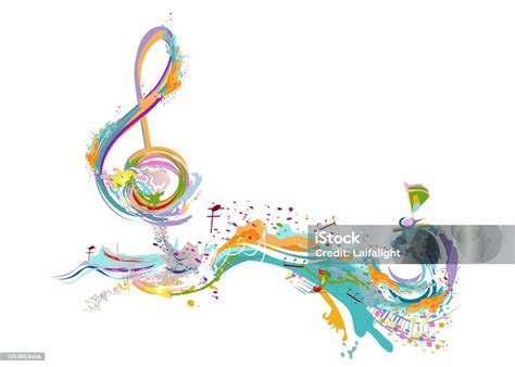 고음 음표와 화려한 스플래시와 파도와 추상적 인 음악 디자인 손으로 그린 벡터 그림 Classical Concert에 대한 스톡