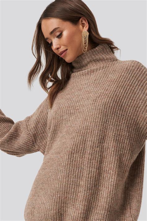 Folded Sleeve Turtle Neck Knitted Sweater Pink Na