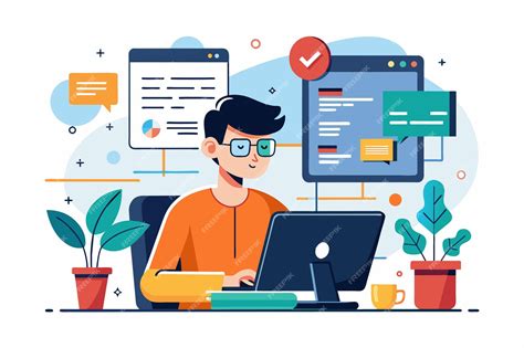 Premium Vector A Man Sitting In Front Of A Laptop Computer Focused On Coding And Testing