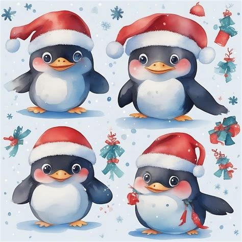 Premium Photo Watercolor Painting Of Cute Penguins Playing With Gifts
