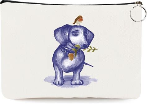 Teckel Etui Toilettas Make Up Tas Tas Linnen Wit Hond