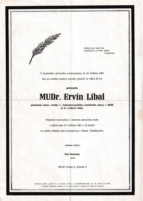 Úmrtní Oznámení Plukovník Mudr Ervín Líbal 1981 Aukro