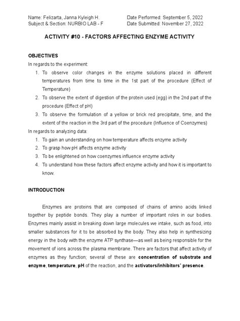 Activity 10 Factors Affecting Enzyme Activity Pdf Enzyme
