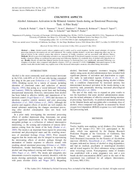 Pdf Alcohol Attenuates Activation In The Bilateral Anterior Insula