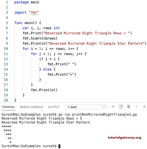 go program to print reversed mirrored right triangle pattern