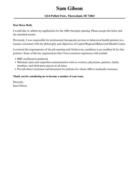 Aba Therapist Cover Letter Velvet Jobs