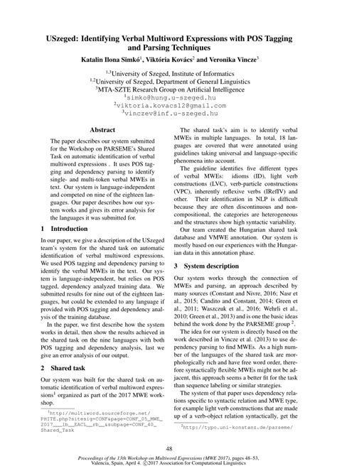 Pdf Uszeged Identifying Verbal Multiword Expressions With Pos