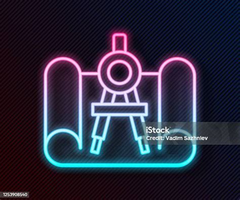 검은 배경에 격리 된 엔지니어링 및 그리기 나침반 아이콘을위한 빛나는 네온 라인 그래프 용지 벡터 일러스트레이션 개념에 대한