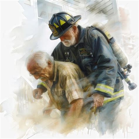 Premium Photo Firefighter Assisting Elderly Man Heroic Rescue