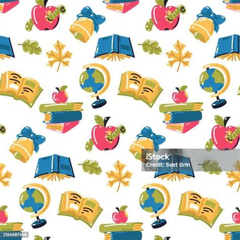 학용품과 창의적인 요소가 있는 재미있고 원활한 패턴입니다 우리는 학교로 돌아갈 것입니다 책 지구 가을 단풍 사과 벌레 일기 학교 동기 패키지 인쇄 개념에 대한 스톡 벡터