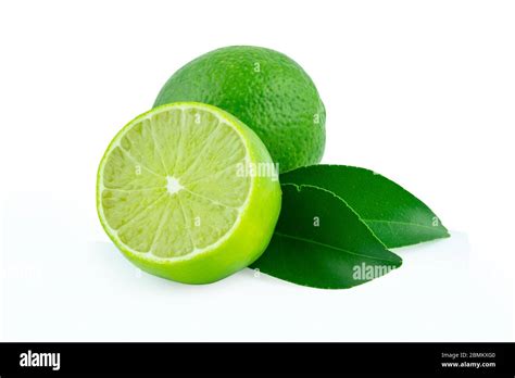 Lime With Slices Half And Leaves Isolated On White Background Green
