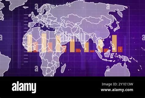 World Map With Bar Charts And Data Processing Animation Over Purple Background Global