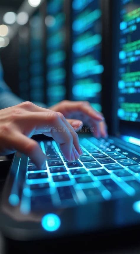 Person Is Typing On A Computer Keyboard With Blue Keys Stock Image