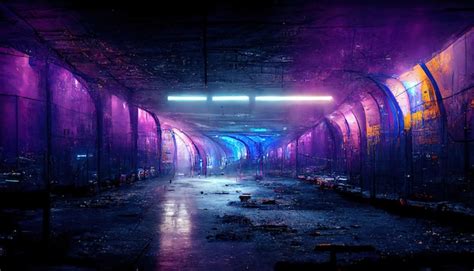 Premium Photo Raster Illustration Of Old Abandoned Underground Bunker With Neon Lighting