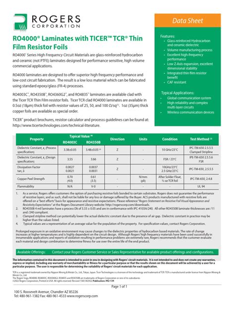 Ro4000 Laminates With Ticer Tcr Thin Film Resistor Foils Pdf