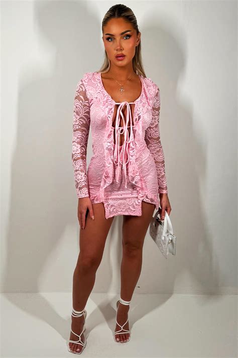 Pink Lace Dress With Frill Tie Front Detail Summer Festival Outfit