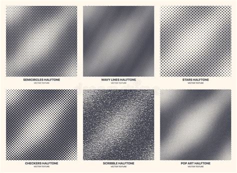 Different Variations Halftone Textures Set Vector Warped Geometric Patterns Stock Vector