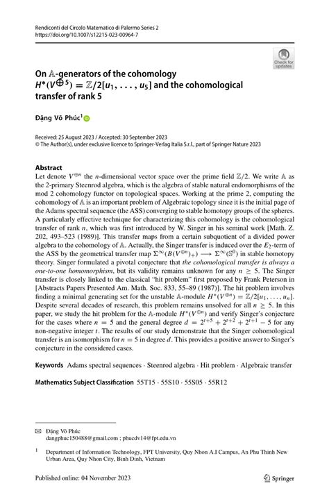 Pdf On Mathbb A Generators Of The Cohomology H V Bigoplus 5