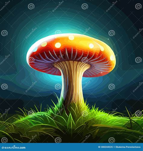 Collection Of Cartoon Style Magic Fantasy Mushroom Glowing In Dark