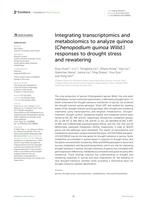 Pdf Integrating Transcriptomics And Metabolomics To Analyze Quinoa