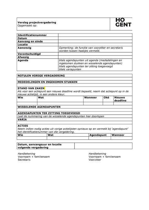 Sjabloon Verslag Verslag Projectvergadering Opgemaakt Op Identificatienummer Datum Aanvang