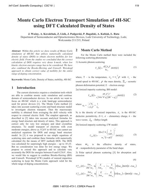 Pdf Monte Carlo Electron Transport Simulation Of 4h Sic Using Dft Calculated Density Of States