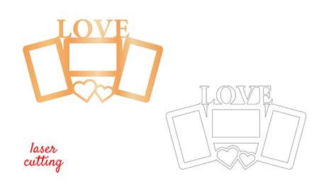 레이저 절단에 대한 비문 사랑과 사진 프레임 사진 프레임의 콜라주 나무와 금속 템플릿 레이저 커팅 머신 성 발렌타인 데이 또는 결혼식 날을위한 완벽한 선물 개념에 대한 스톡