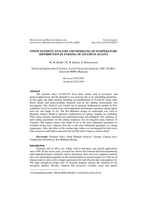 Pdf Finite Element Analysis And Modeling Of Temperature Distribution In Turning Of Titanium Alloys