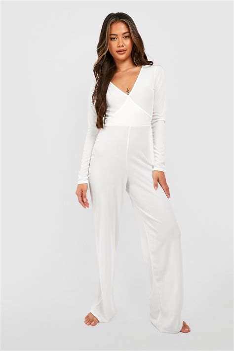 Cross Front Long Sleeve Rib Jumpsuit Boohoo Uk