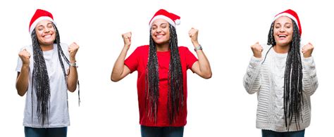 축 하 하는 고립 된 배경 위에 크리스마스 모자를 입고 아름 다운 아프리카계 미국인 여자의 콜라주 놀라게 무기 제기와 성공을 위한 깜짝 놀라게 고 눈을 엽니다 우승자