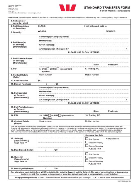 Fillable Online Standard Transfer Form Westpac Online Investing Fax