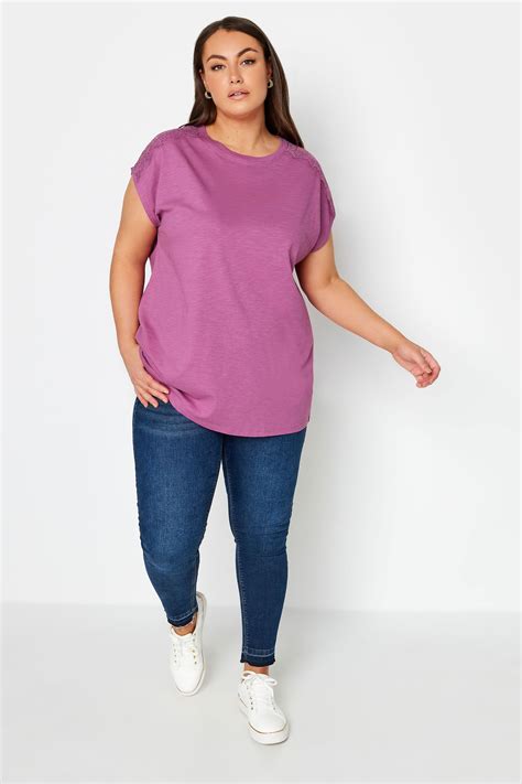 Yours Plus Size Purple Lace Shoulder T Shirt Yours Clothing