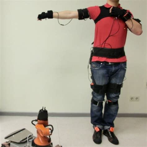 User Wearing The Xsens Inertial Motion Capture Suit And Teleoperating Download Scientific