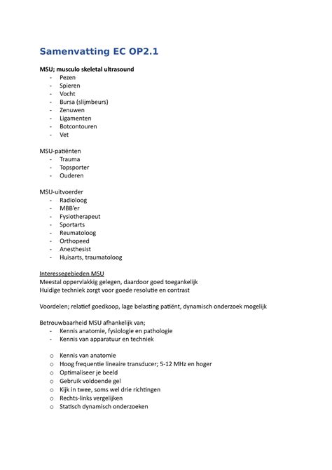 Samenvatting EC OP2 MSU Musculo Skeletal Ultrasound Pezen