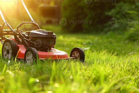 Ai Generated Lawn Mower Cutting Grass In The Garden Gardening