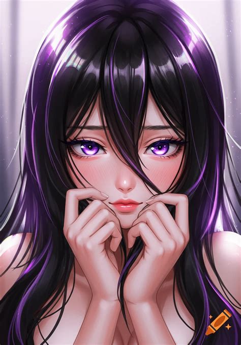 Anime Portrait Of A Flustered Girl With Long Black And Purple Hair And