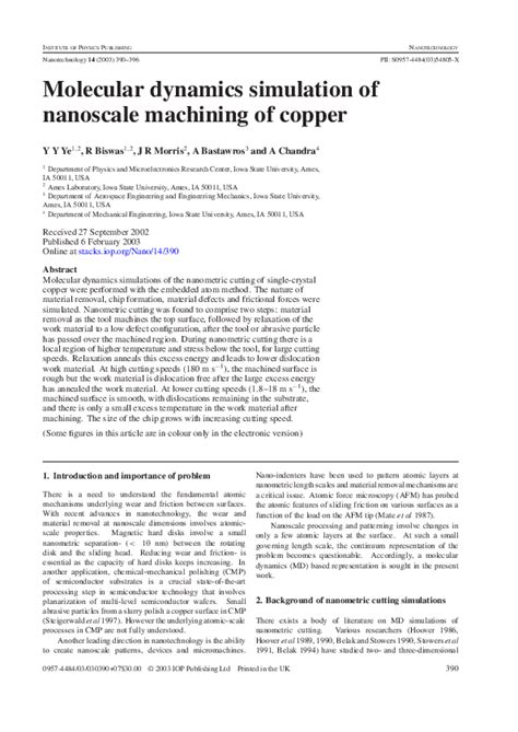 Pdf Molecular Dynamics Simulation Of Nanoscale Machining Of Copper