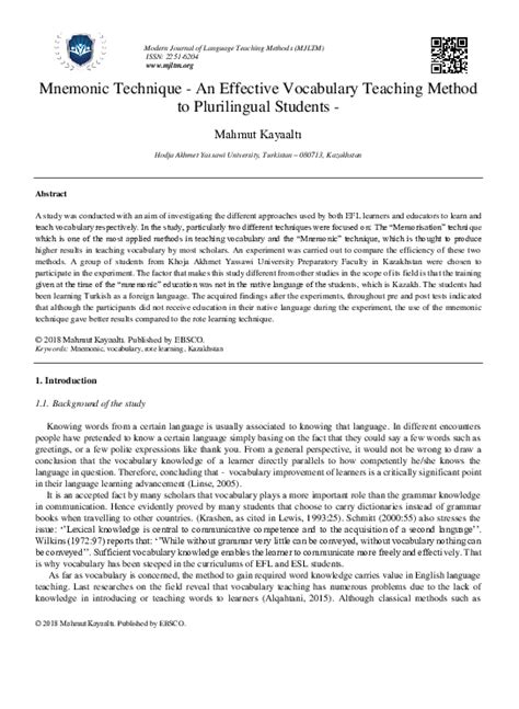 Pdf Mnemonic Technique An Effective Vocabulary Teaching Method To