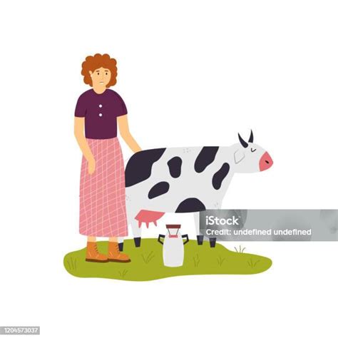 Adegan Pedesaan Dengan Seorang Gadis Petani Merawat Sapi Ilustrasi