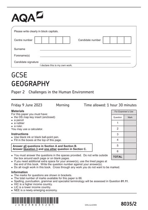 Gcse Aqa June 2023 Geography Paper 2 With Insert Sheet Stuvia Uk