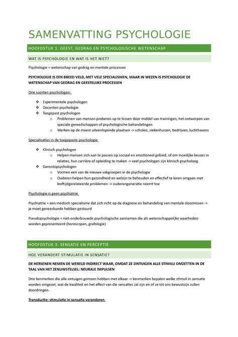 Samenvatting Psychologie SAMENVATTING PSYCHOLOGIE HOOFDSTUK 1 GEEST